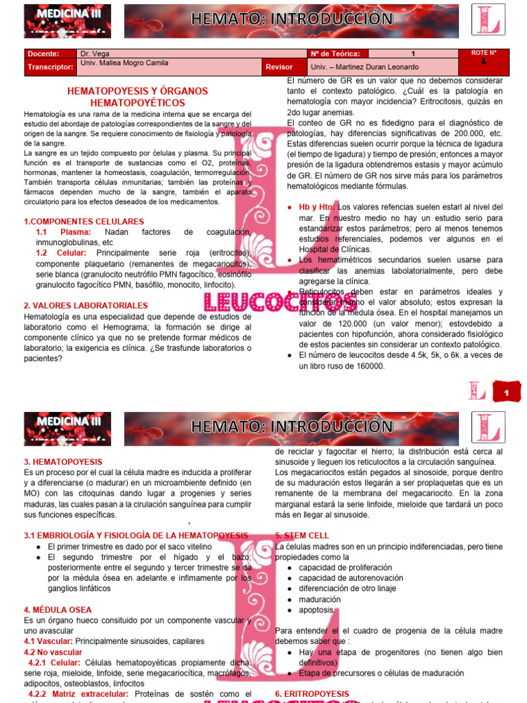 Hem1 r2 t1 Generalidades en Hematología Hematopoyesis | PDF | Hematopoyesis | Sangre