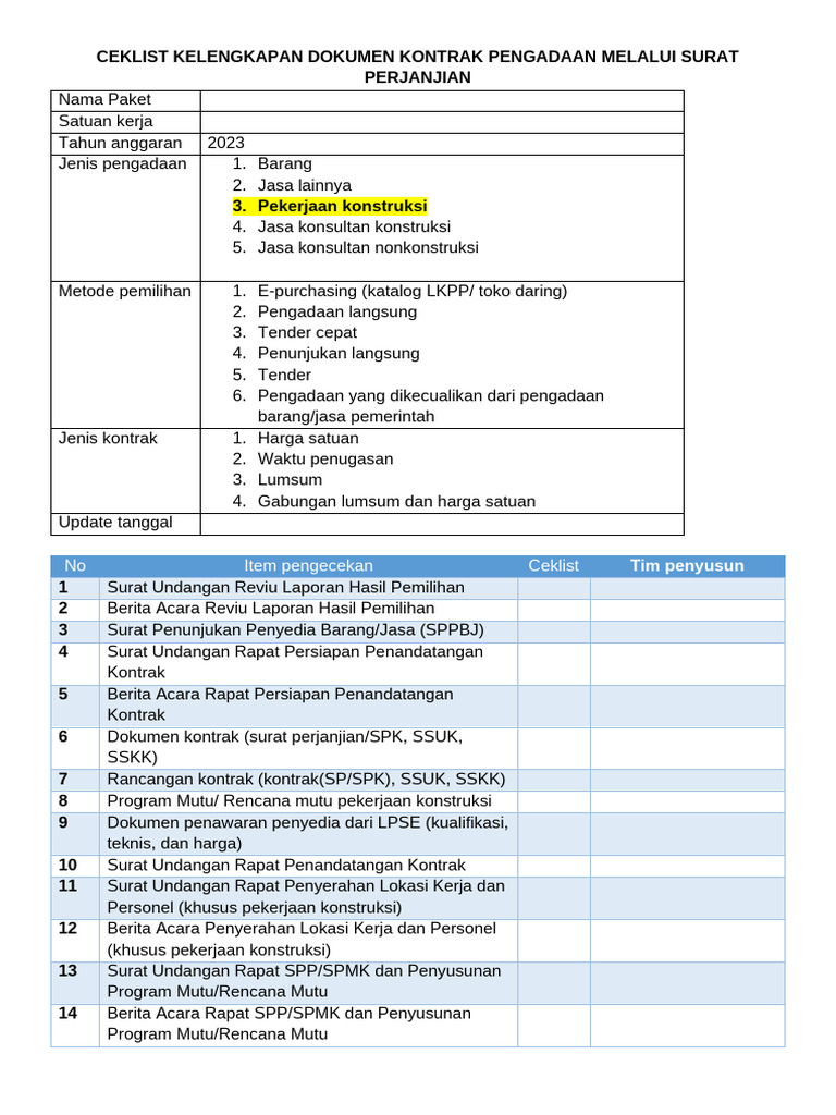 Ceklist Kelengkapan Dokumen Kontrak SPK Surat Perjanjian | PDF