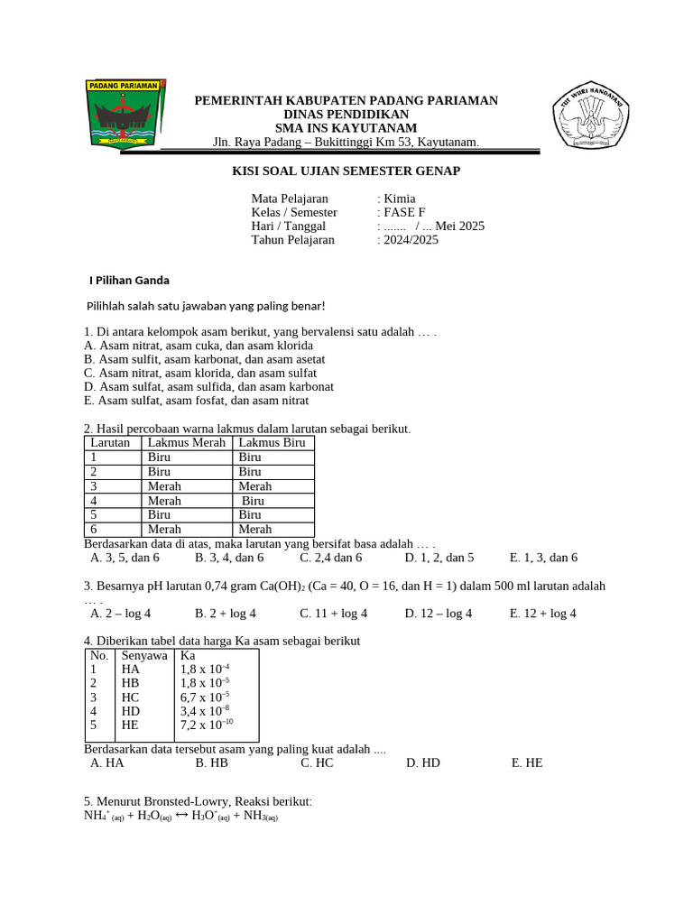 Kisi2 Soal US Kimia Fase F Smt 2, Mei 2025 - Copy | PDF