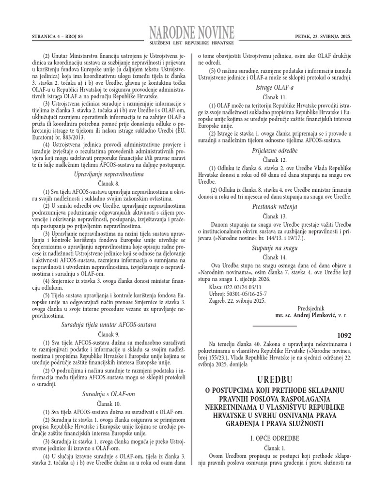 NN - 2025 - 83 - 1092 - Uredba o Postupcima Koji Prethode Sklapanju Pravnih Poslova Raspolaganja ...