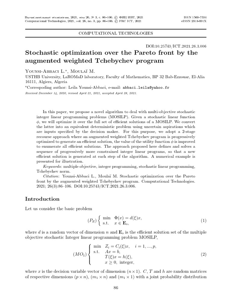 Stochastic Optimization Over The Pareto Front by The Augmented Weighted Tchebychev Program | PDF ...