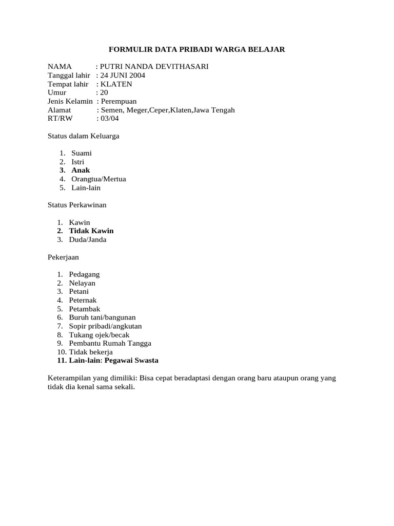 Formulir Data Pribadi Warga Belajar | PDF