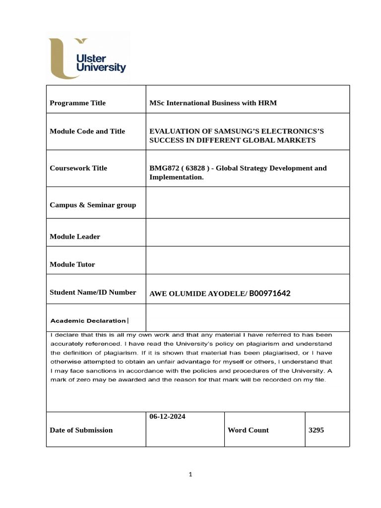 Awe Olumide Ayodele-B00971642-Global Strategy Development and ...