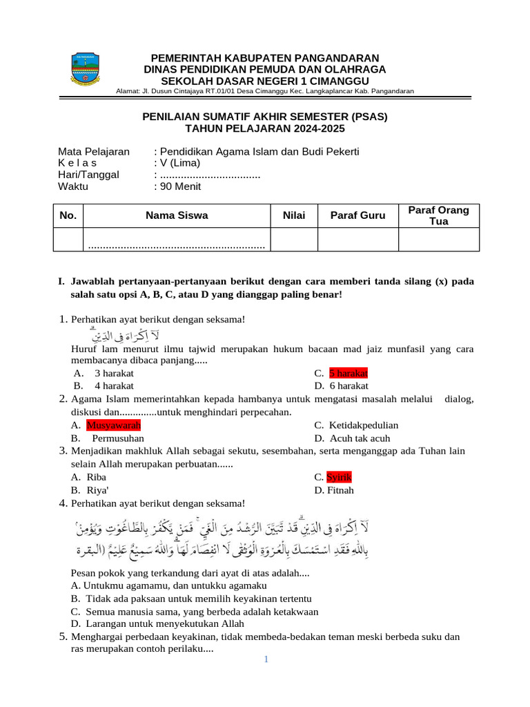 Soal PAI Kelas 5 Semester 2 Kurikulum Merdeka | PDF