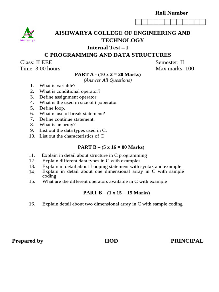 C Programming Test Paper for EEE Students | PDF