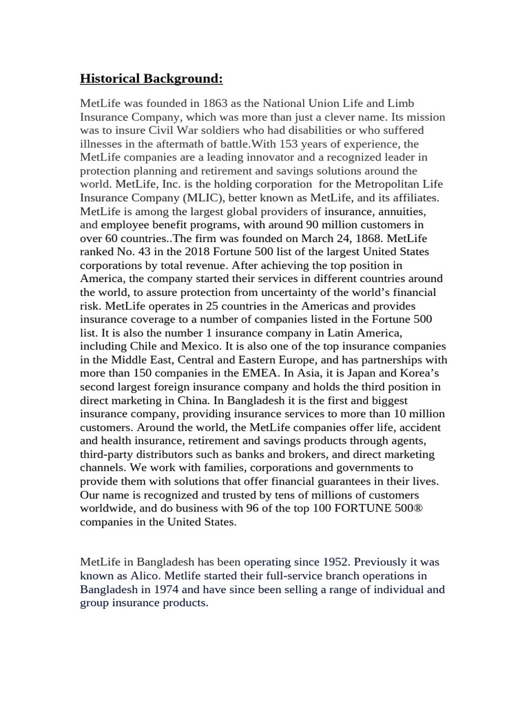 Historical Background & Board of Directors | PDF | Met Life | Financial ...