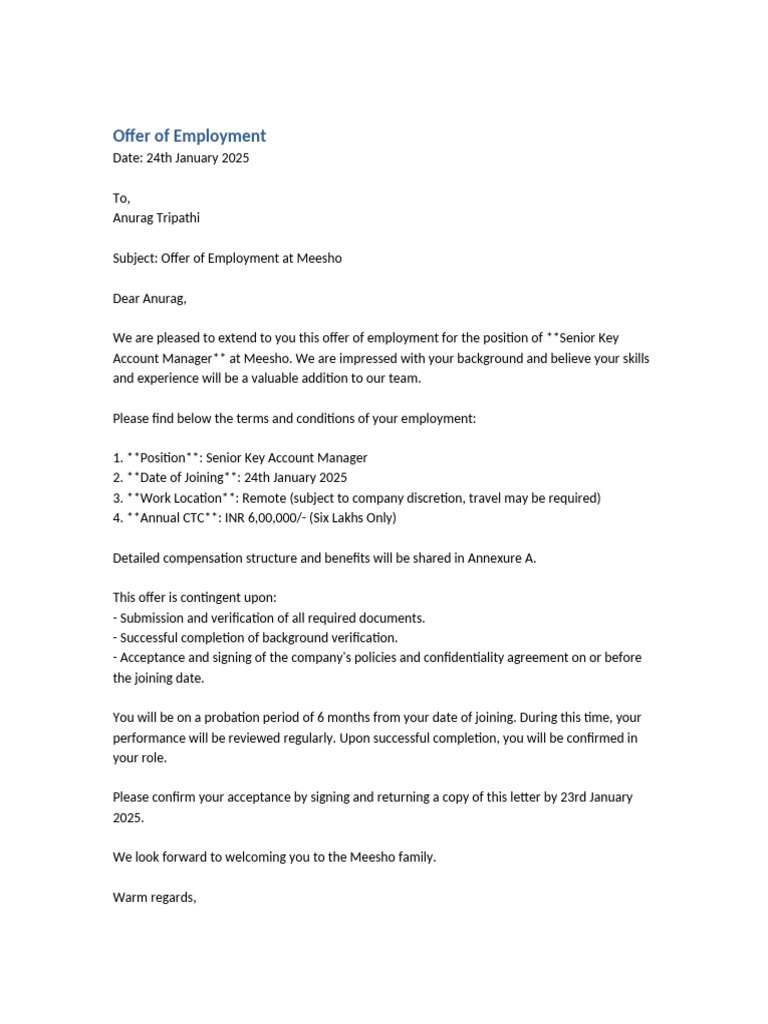 Meesho Employment Offer for Anurag Tripathi | PDF
