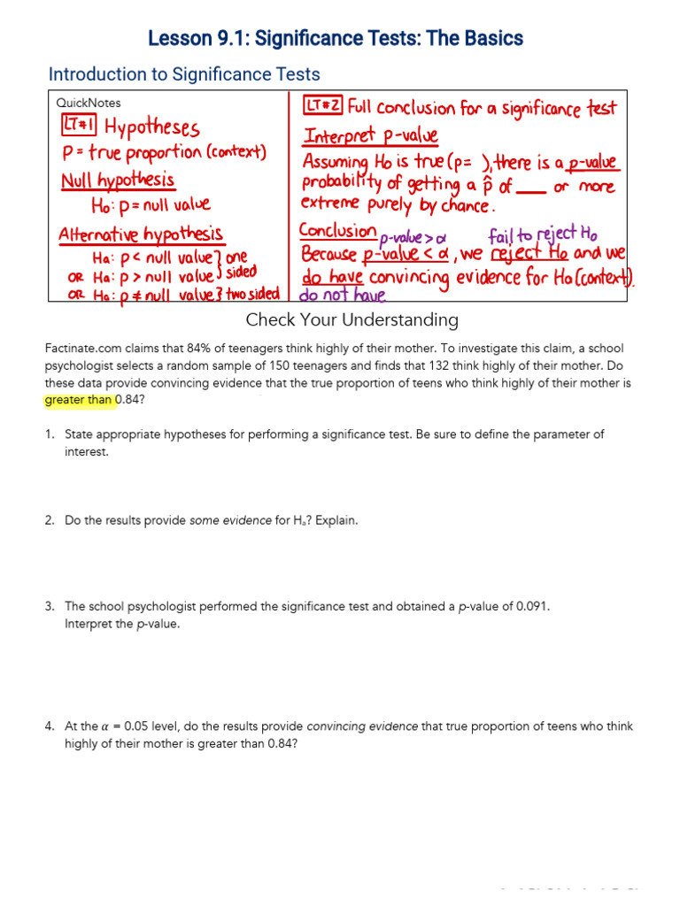 Activity 9.1 - Significance Test - The Basics | PDF | P Value | Type I ...