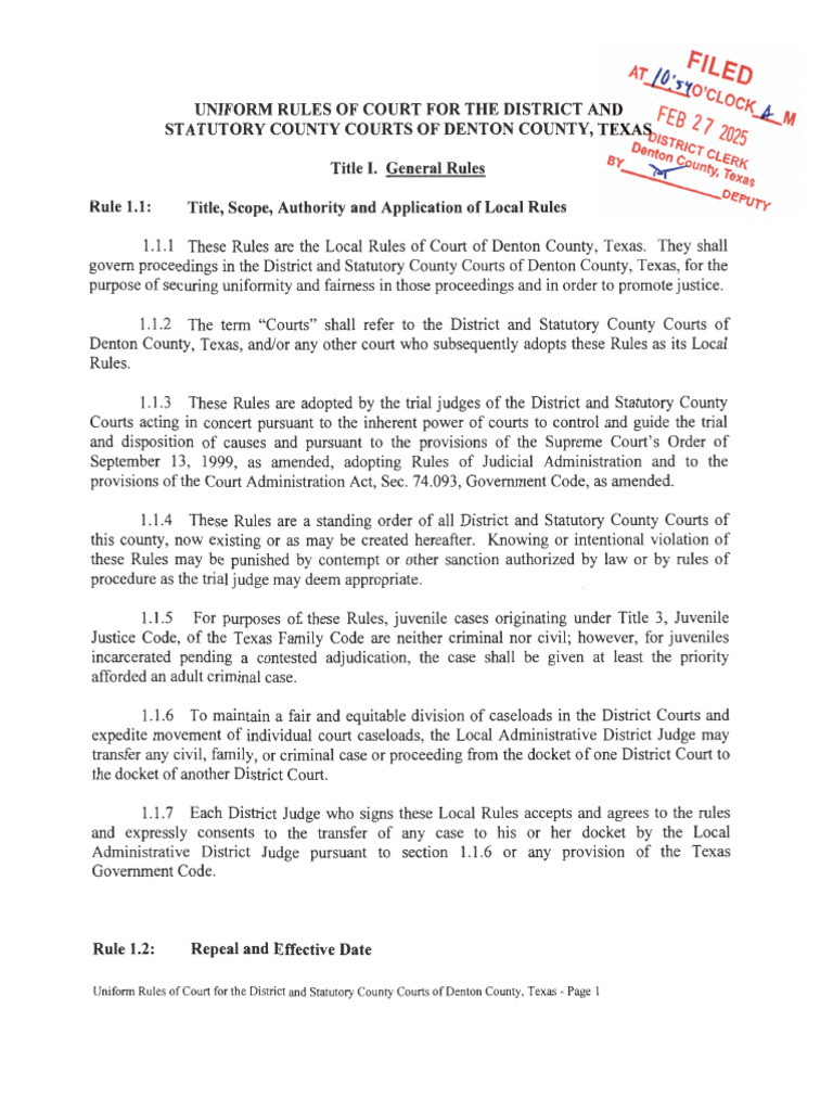 Denton County Court Uniform Rules 2025 | PDF | Continuance | Courtroom