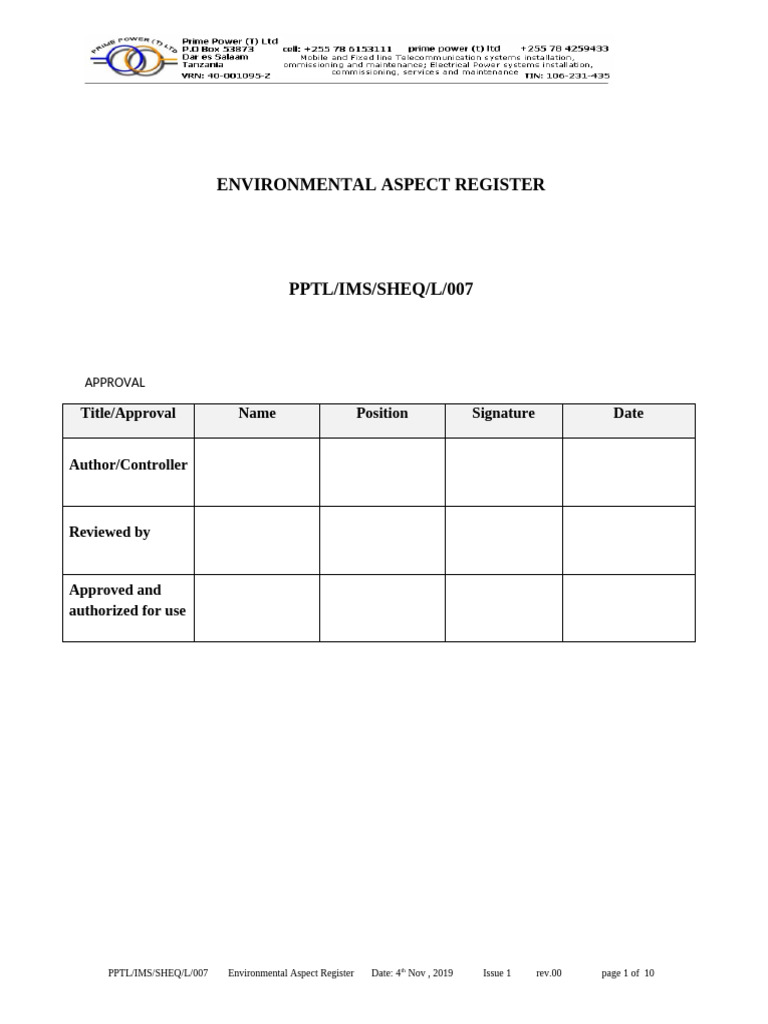 Environmental Aspects Register | PDF | Waste | Waste Management