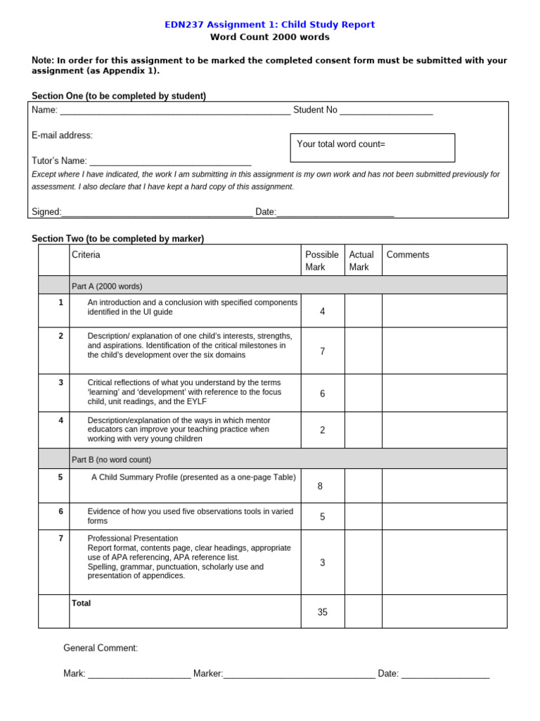 EDN237 Assignment 1 - Marking Rubric | PDF
