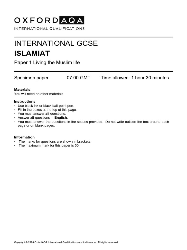 Oxfordaqa International Gcse Islamiat 9237 01 Specimen Question Paper ...