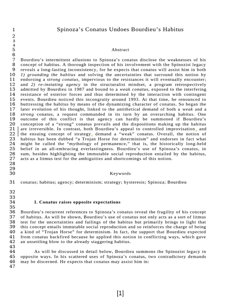 Spinoza's Conatus Undoes Bourdieu's Habitus | PDF | Baruch Spinoza | Metaphysics