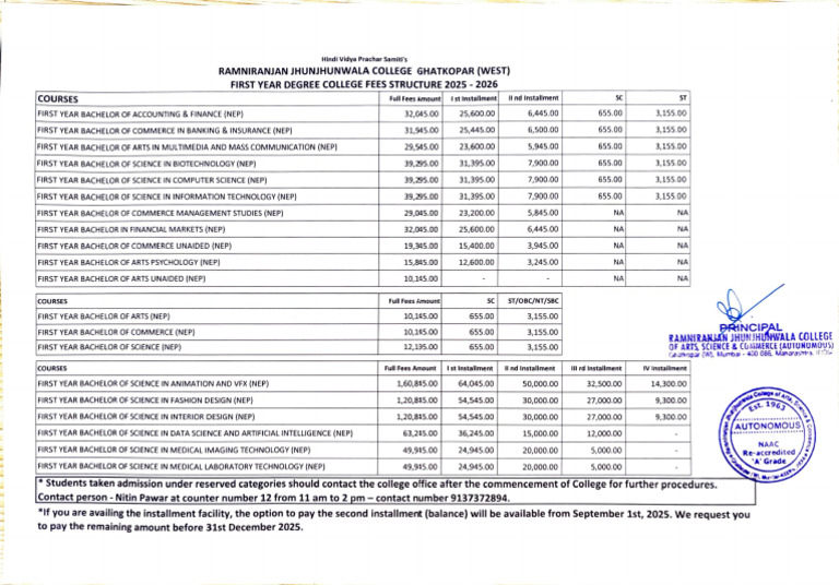 First Year Degree College Fees Structure 2025-26 | PDF | Academic ...