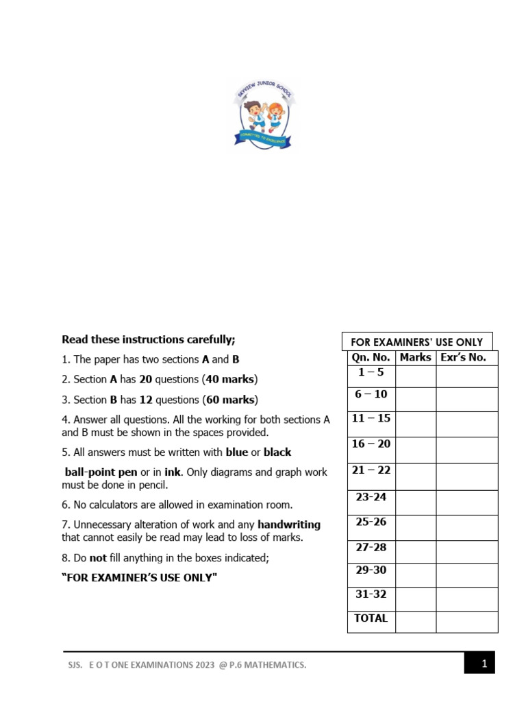 P6 Mathematics Exam Paper 2023 | PDF | Area | Arithmetic