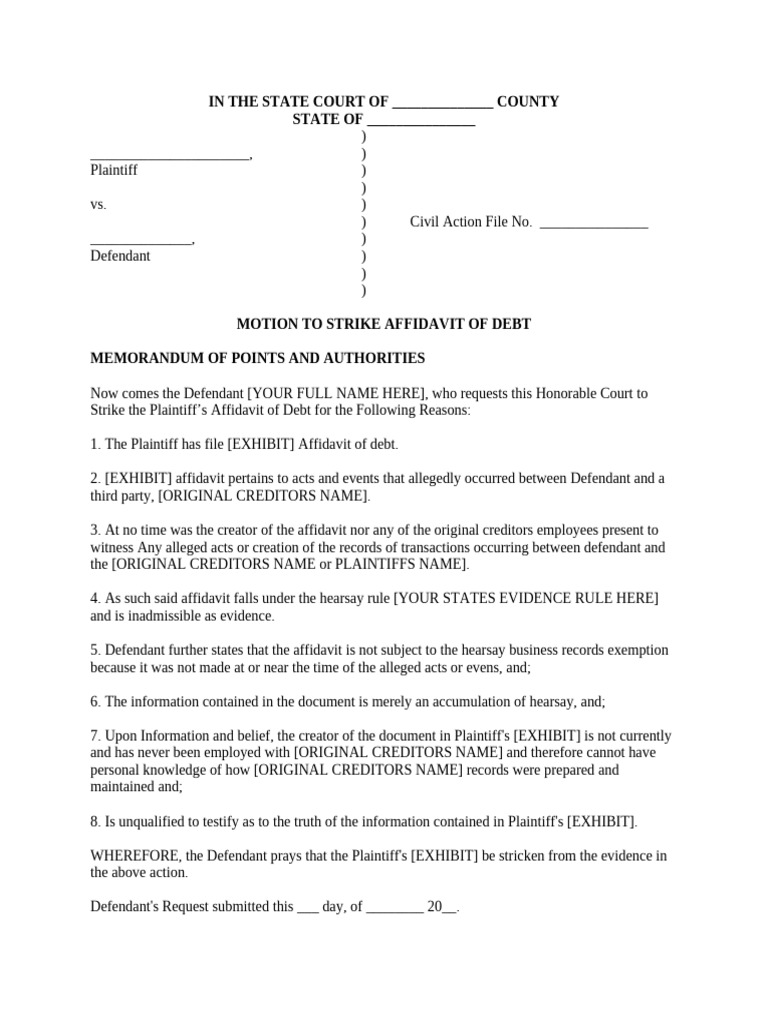 Blank Form For Motion To Strike Affidavit of Debt | PDF | Affidavit | Hearsay