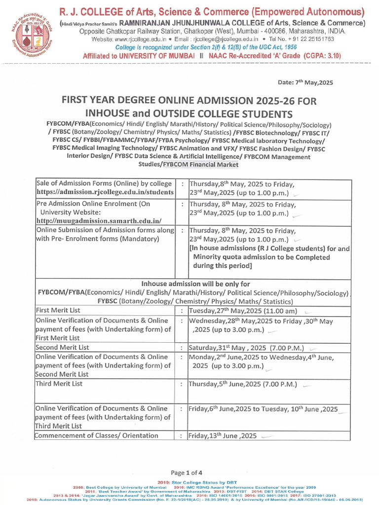 RJ College First Year Admission 2025-26 | PDF