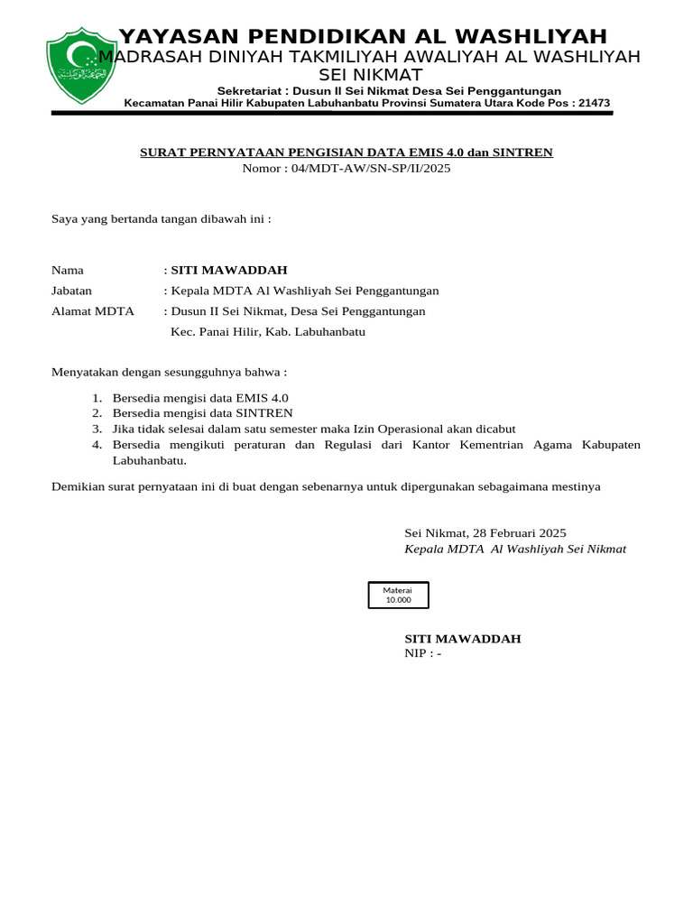 Surat Pernyataan Pengisian DATA EMIS 4.0 & SINTREN T.P 2024-2025 | PDF