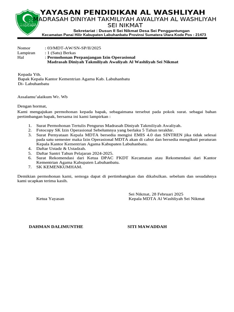 Surat Permohonan Perpanjangan Izin Operasional MDTA ........... Tahun 2025 | PDF