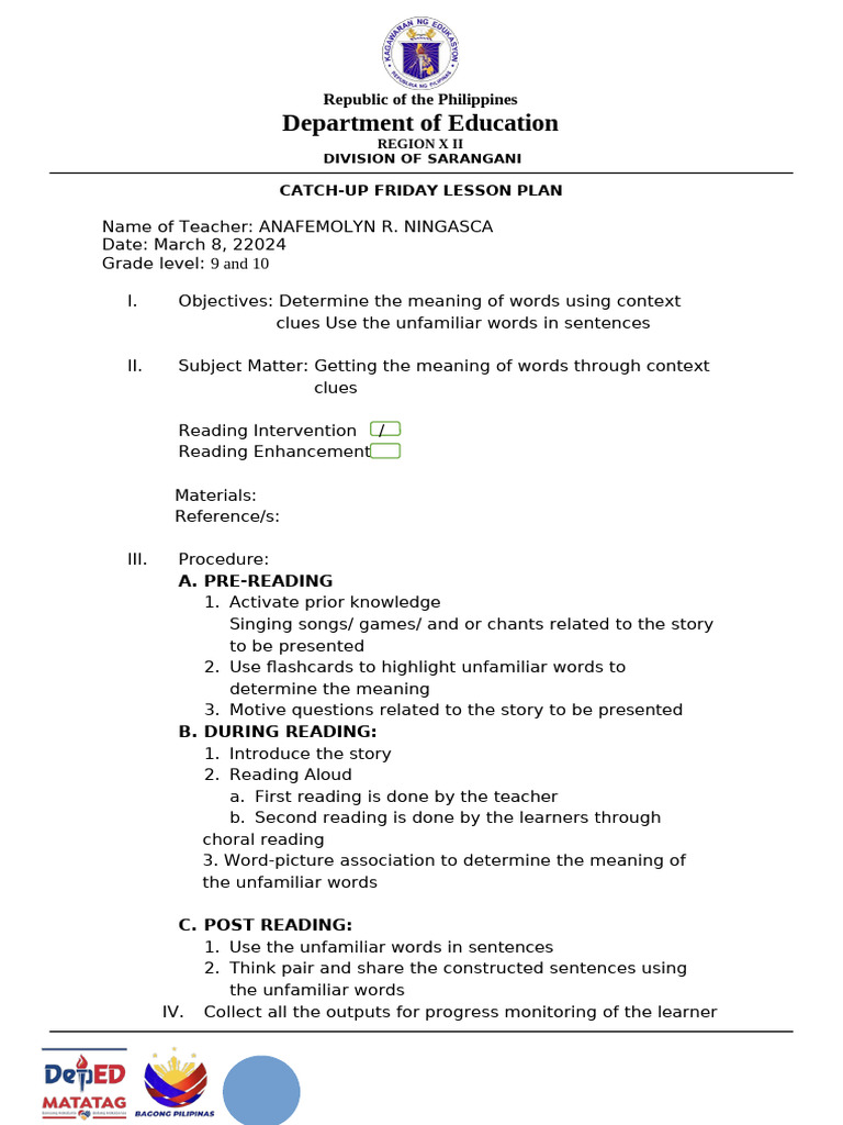Catch Up Lesson Plan | PDF