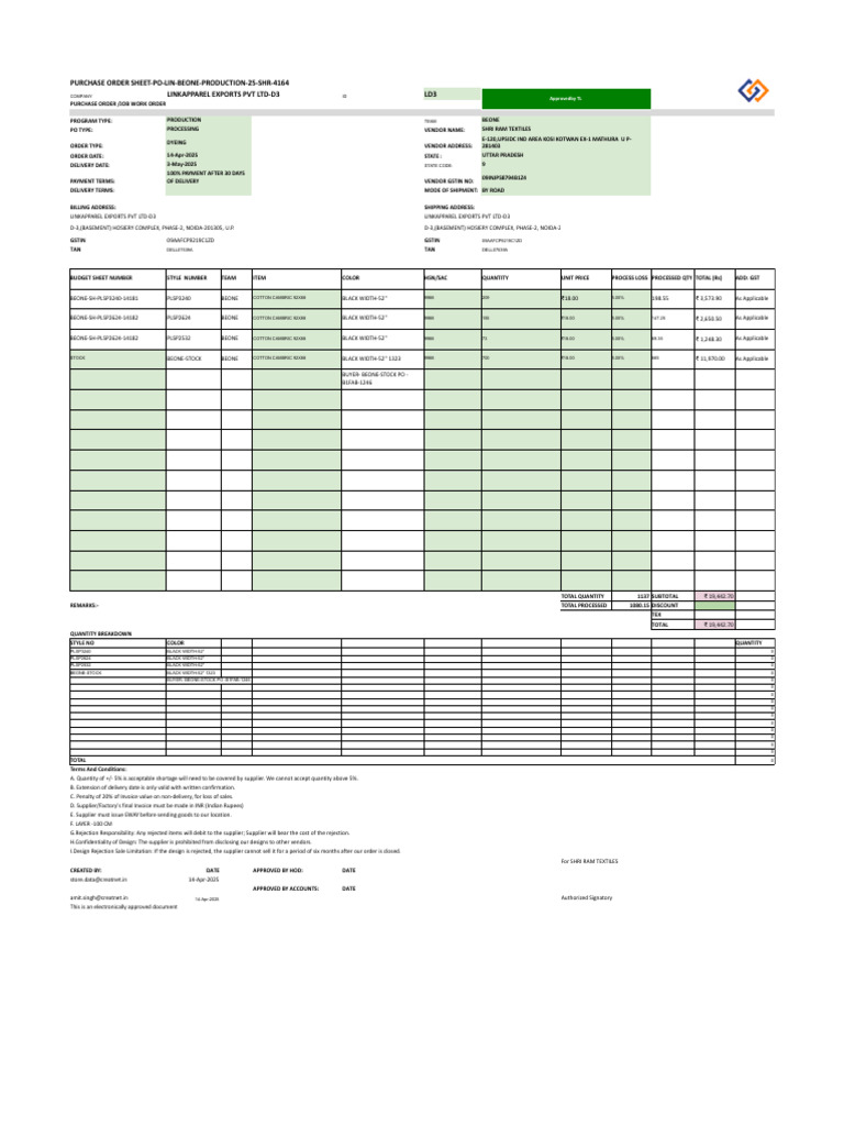 Purchase Order Sheet Po Lin Beone Production 25 SHR 4164 | PDF | Invoice