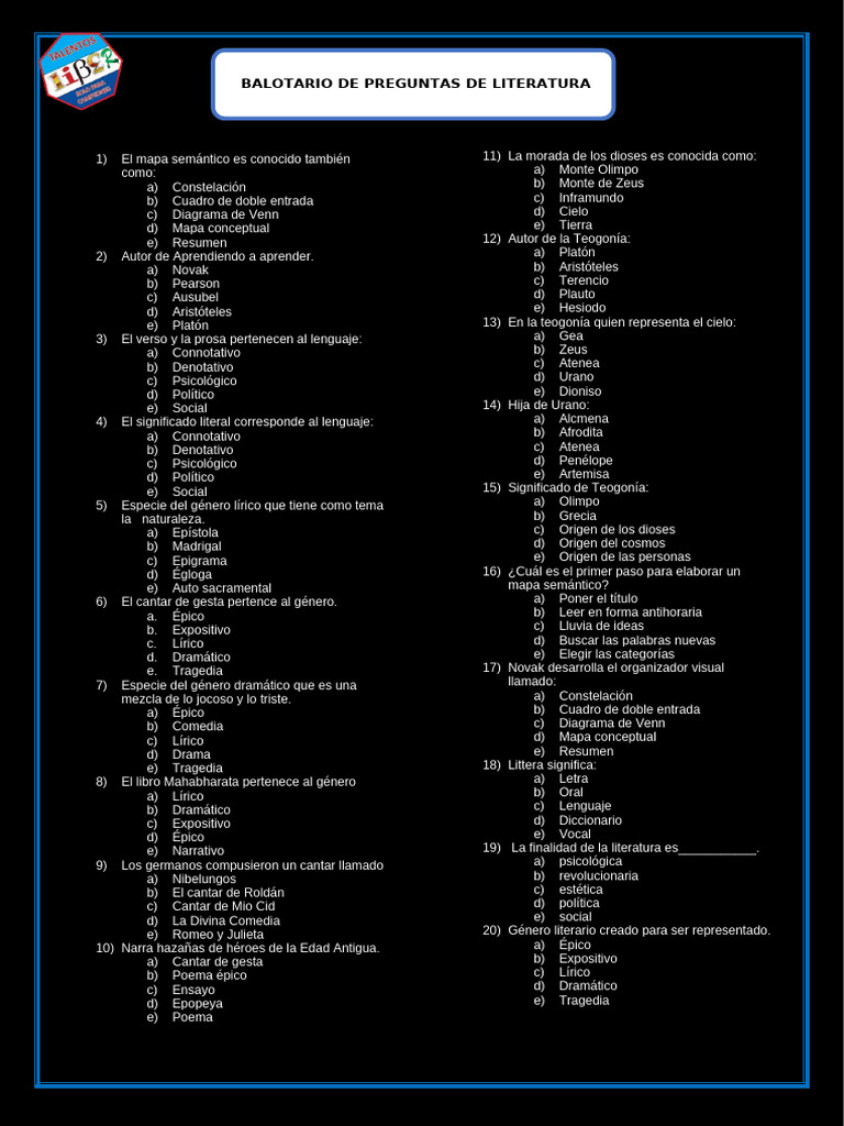 Balotario de Preguntas de Literatura - i Bimestre | PDF | Poesía épica