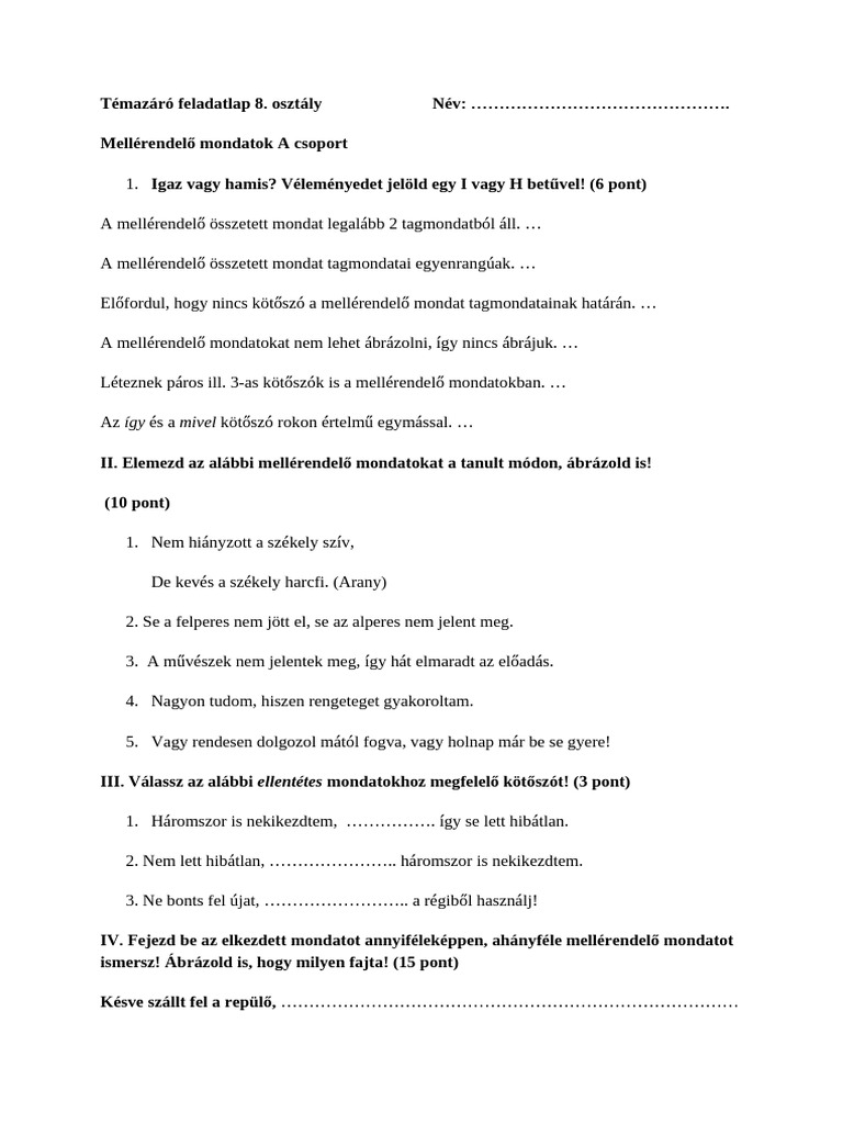 A Mellérendelő Összetett Mondat - Dolgozat | PDF