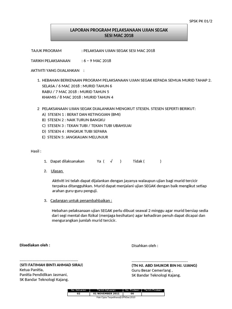 Borang PK 01 2 LAPORAN SEGAK | PDF