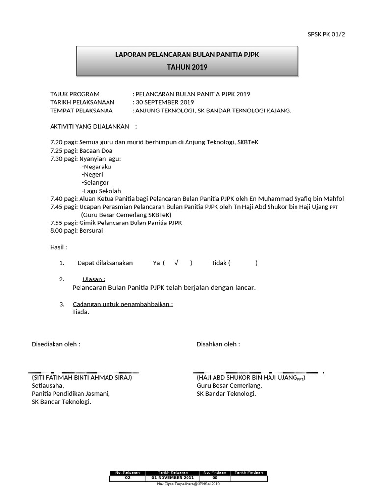 Borang Pk 01 2 Laporan Bulan Panitia Pj 2019 | PDF