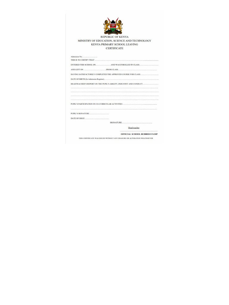 Editable Kenya Primary School Leaving Certificate | PDF