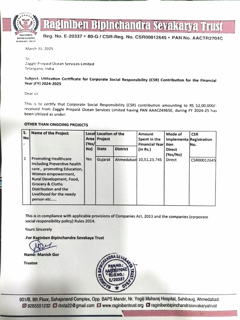CSR Utilization Certificate 2024-25 | PDF