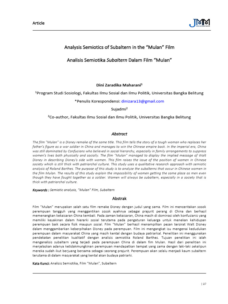 (Article Journal) Analysis Semiotics of Subaltern in The "Mulan" Film | PDF