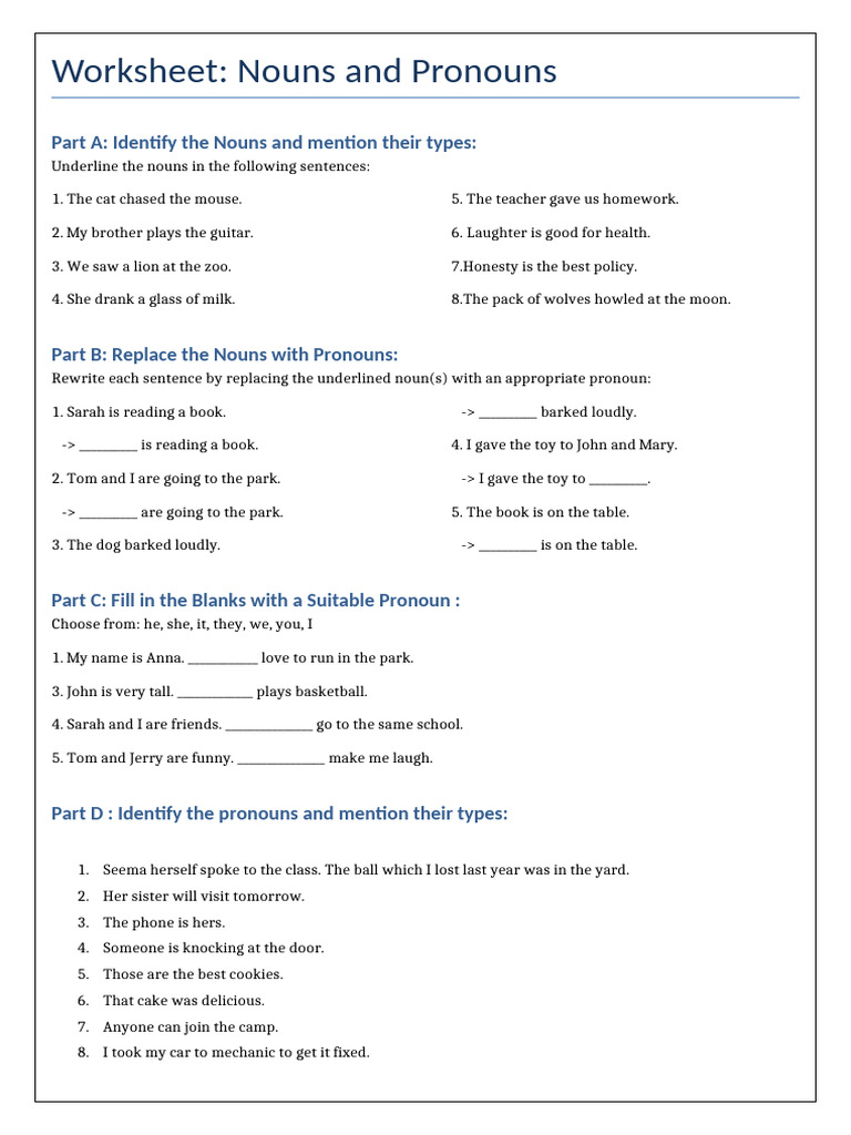 Nouns and Pronouns Worksheet.. | PDF