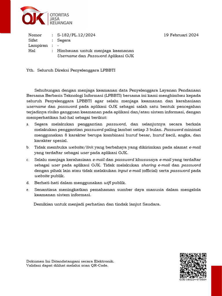 S-182.PL.12.2024 - 190224 - Himbauan Untuk Menjaga Keamanan Username Dan Password Aplikasi OJK | PDF