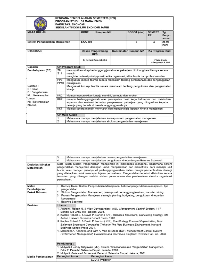 RPS Sistem Pengendalian Manajemen | PDF
