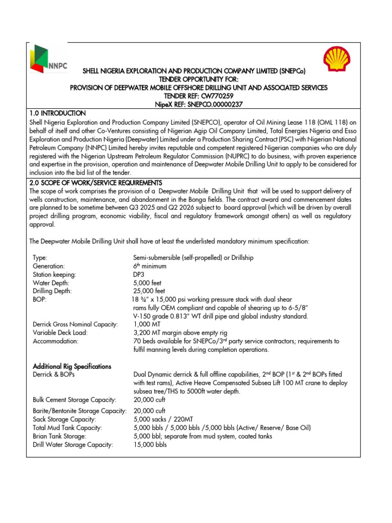 Snepco Provision of Deepwater Mobile Offshore Drilling Unit and ...
