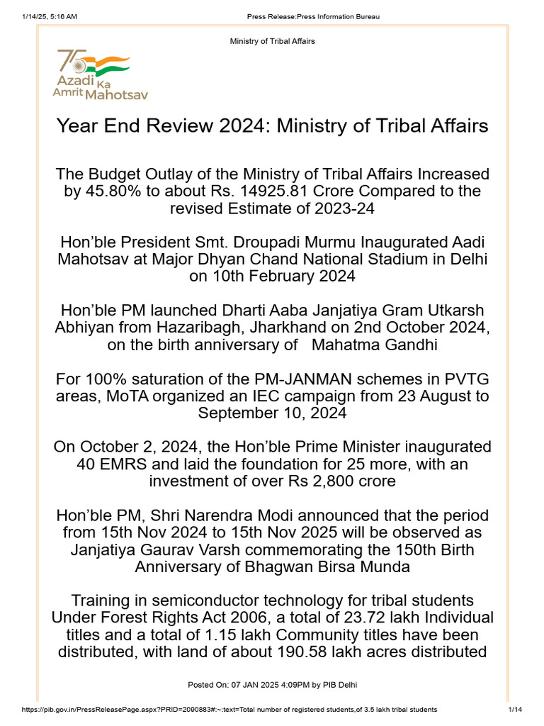 Year End Review 2024: Tribal Affairs | PDF | Government Of India
