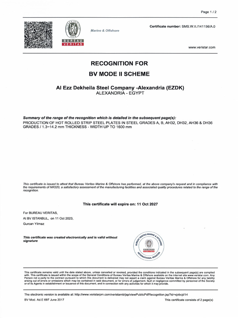 Ezz Steel Alexandria - Marine Quality System Certificate | PDF
