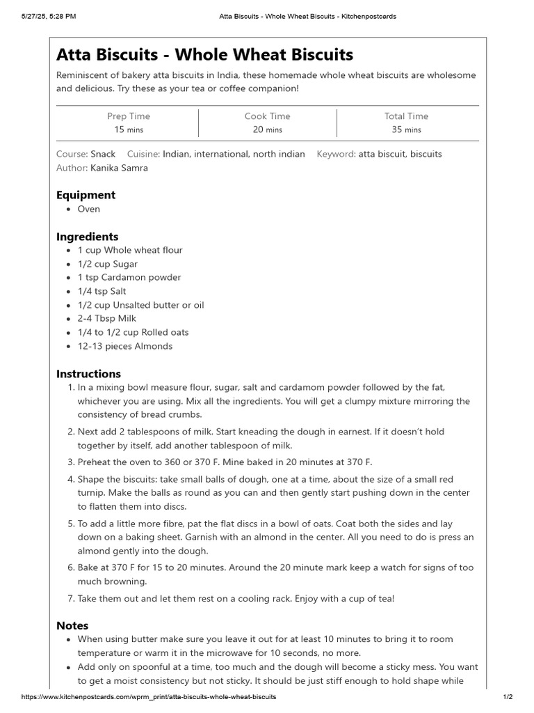 Atta Biscuits - Whole Wheat Biscuits - Kitchenpostcards | PDF | Biscuit | Baking