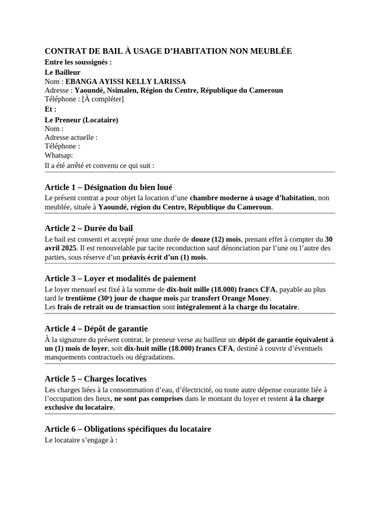Modèle de contrat de bail au Cameroun | PDF | Cautionnement