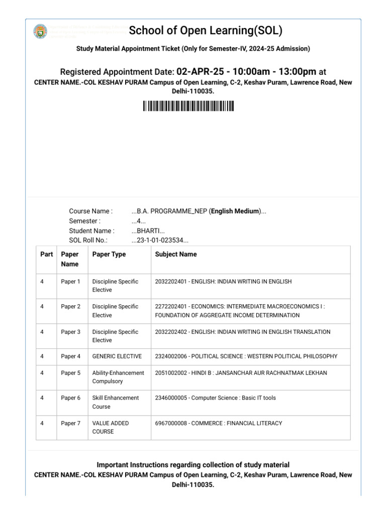SOL Study Material Appointment Info | PDF