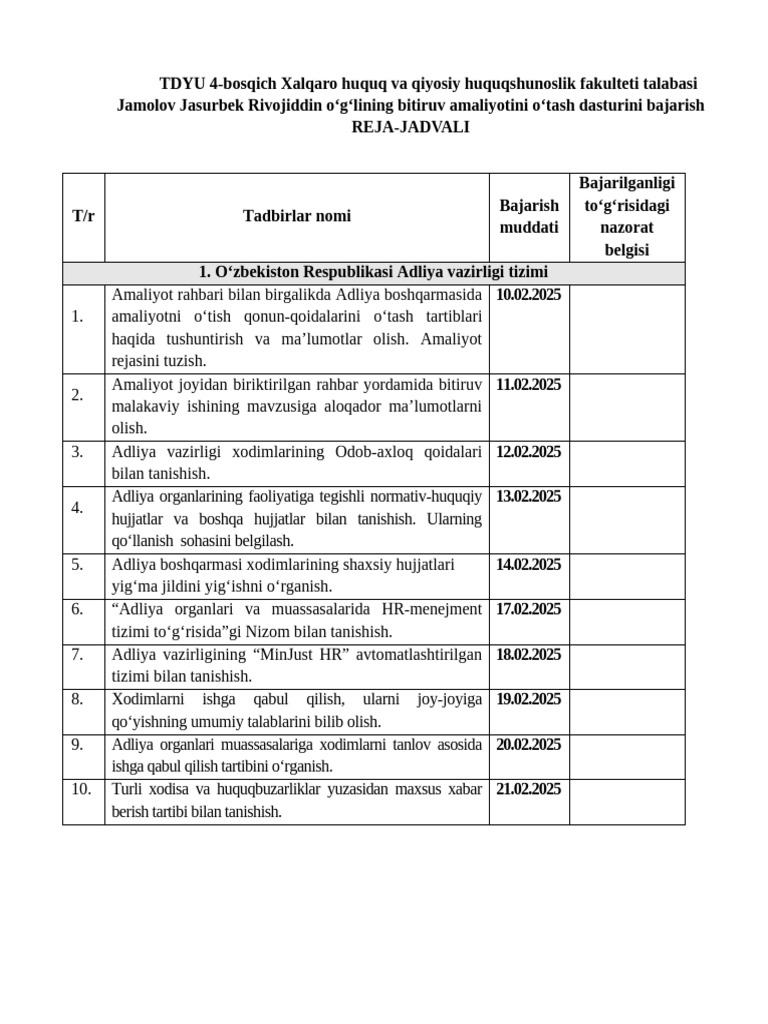 2 Haftalik Reja JADVAL | PDF