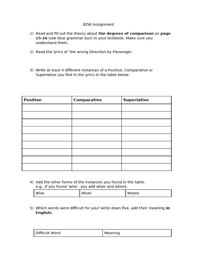 BZW Assignment Degrees of Comparison | PDF