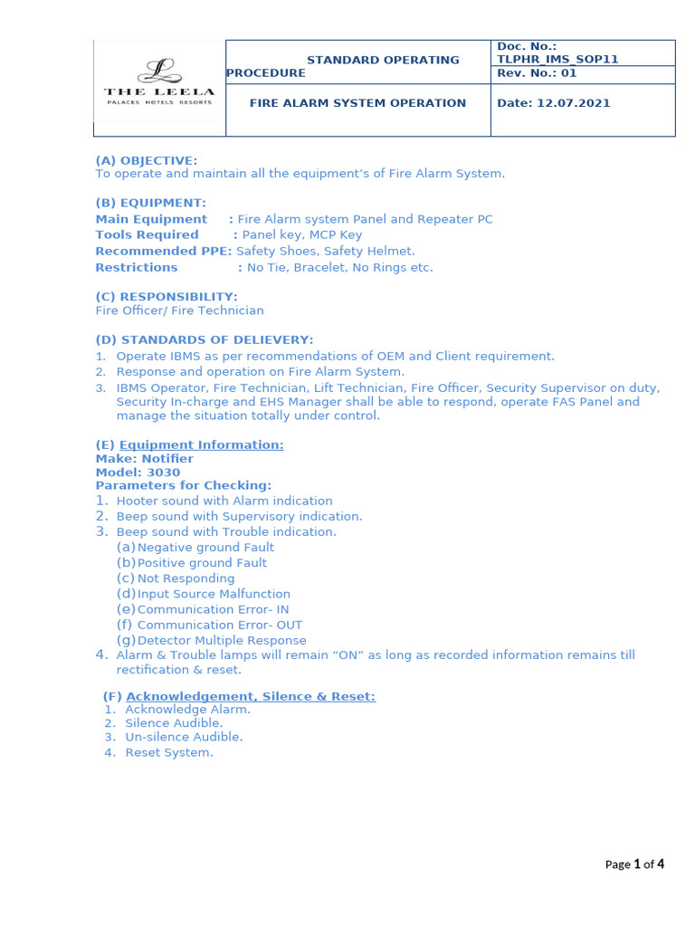 SOP-11 - Fire Alarm System Operations | PDF | Safety | Occupational ...