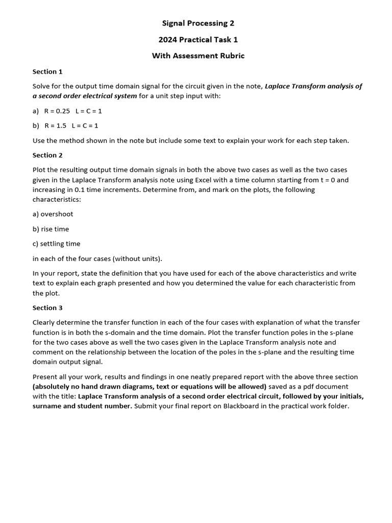 Signal Processing 2 - 2024 Practical Task 1 With Rubric | PDF | Laplace Transform | Control Theory