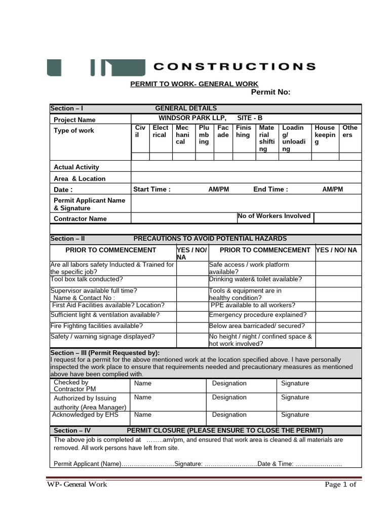 EHSWP016 - General Work Permit | PDF | Labor Relations | Workplace