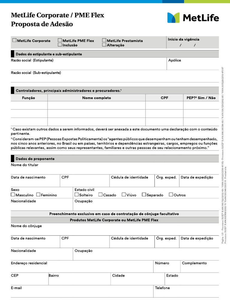Formulário Seguro de Vida Metlife | PDF