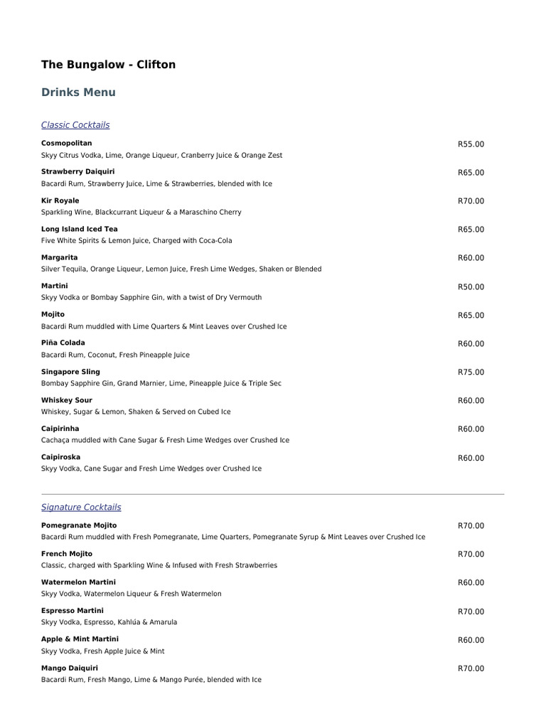 The Bungalow Clifton Drinks Menu October 2014 | PDF | Alcoholic Drinks ...