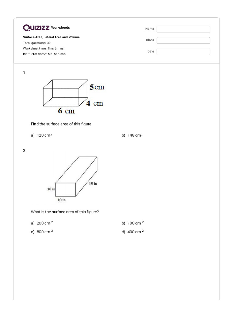 Surface Area, Lateral Area and Volume _ Quizizz | PDF | Rectangle | Area