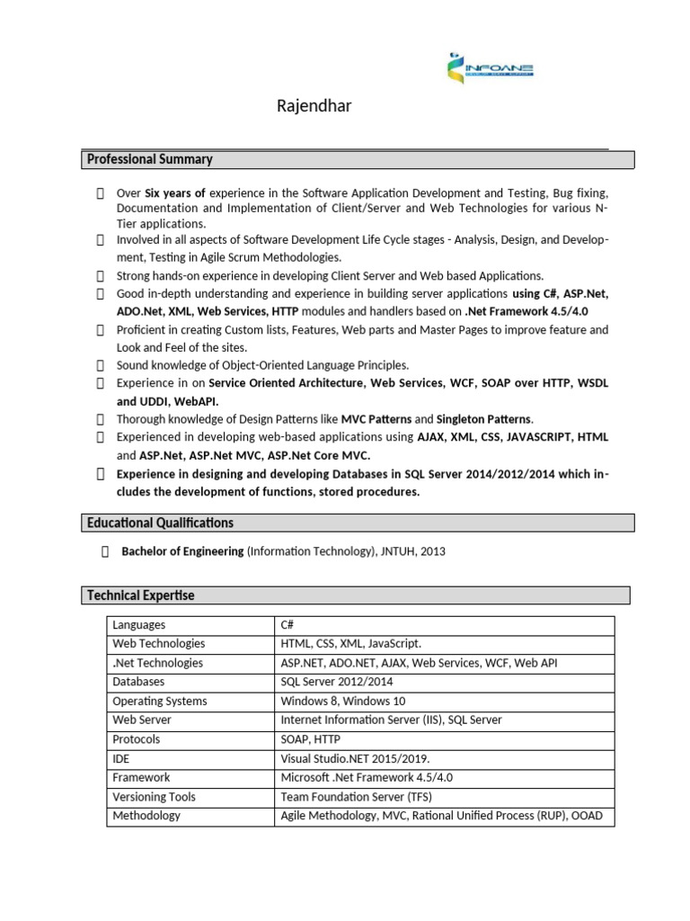 Rajendhar Dotnet Developer Infoane | PDF | World Wide Web | Internet & Web